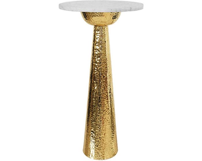 Worlds Away Hammered Brass Side Table With Tapered Base And Round White ...